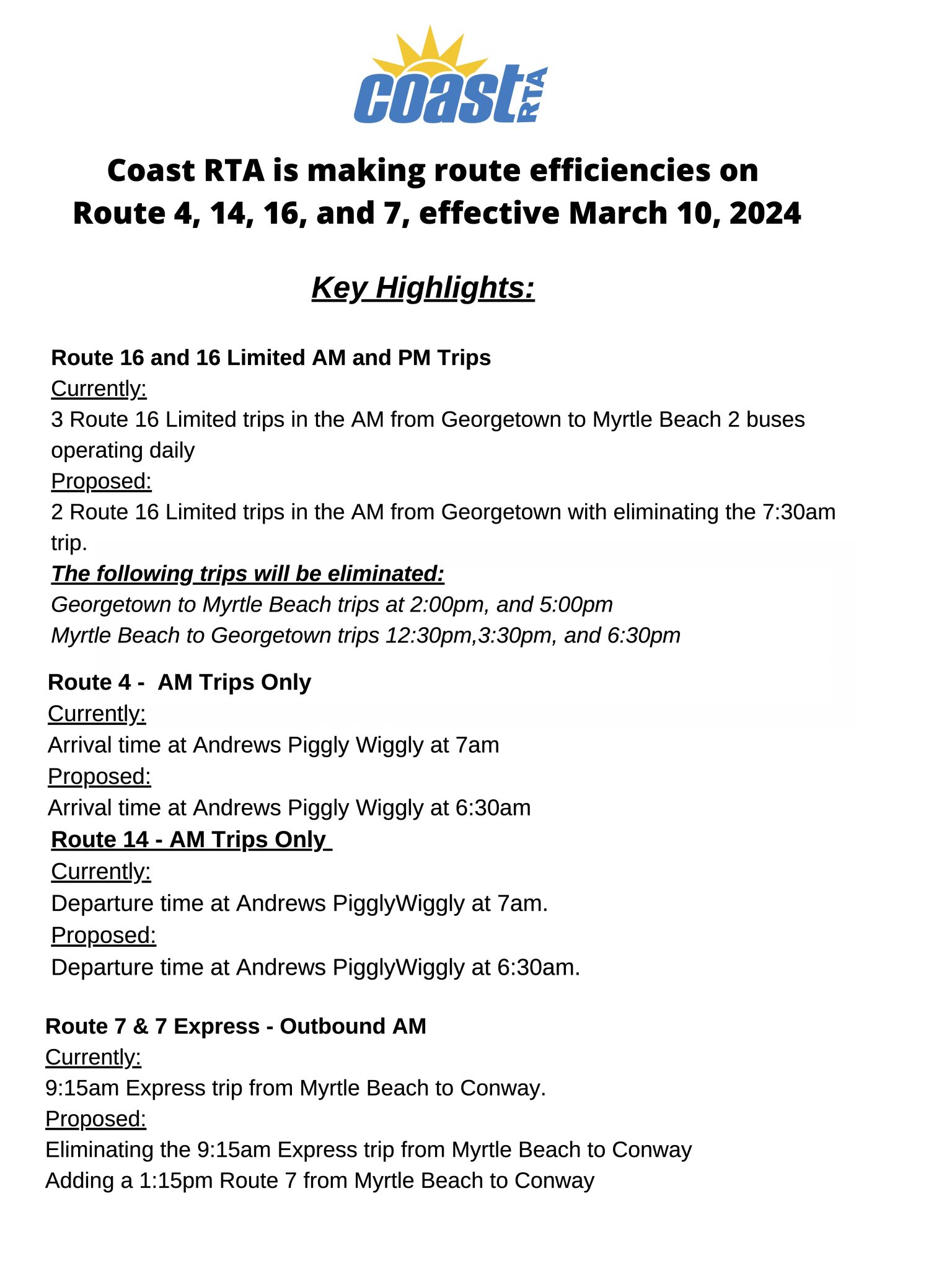 Service Changes - Coast RTA